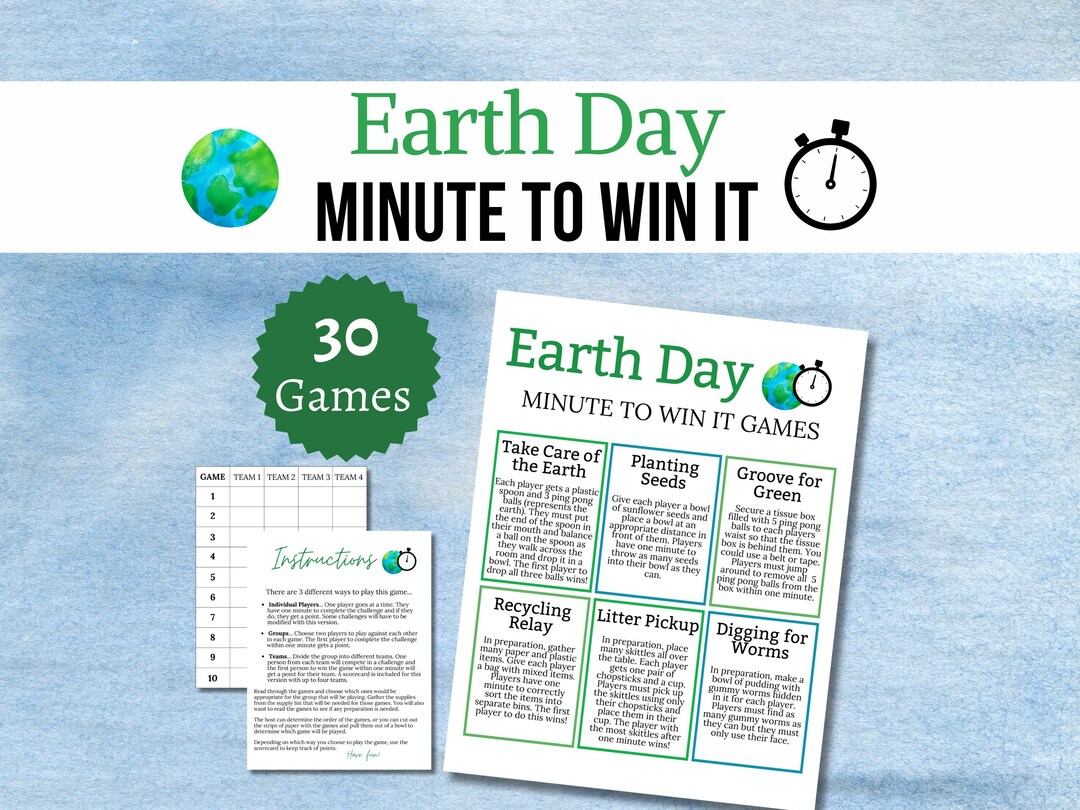 Earth Day Minute to Win It, Printable Earth Day Group Party Games for ...