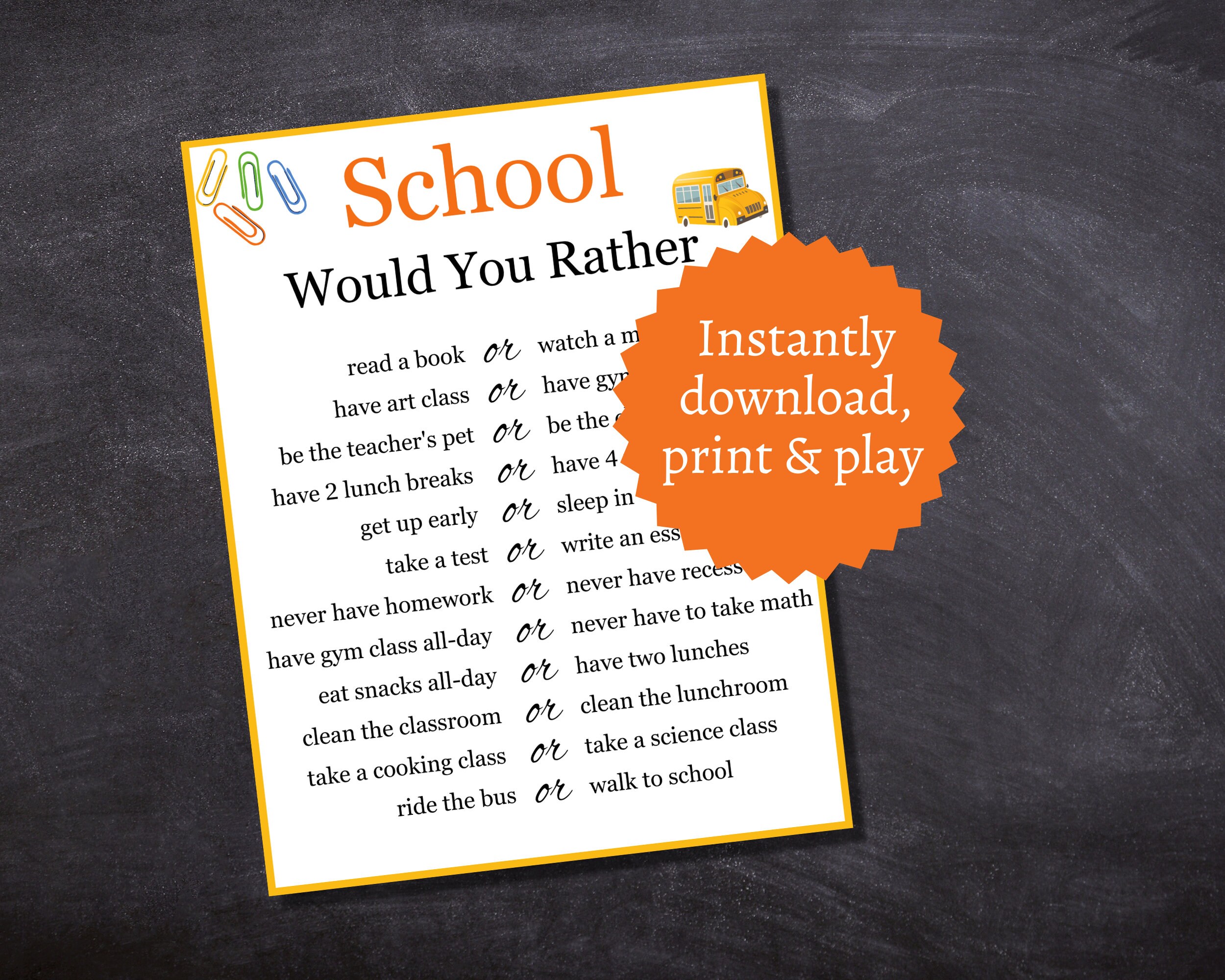 School-themed Would You Rather Game, Printable Back to School Activity ...