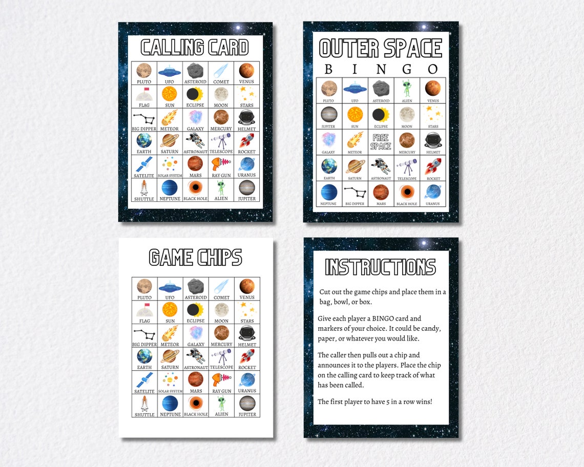Outer Space Bingo Cards, Solar System Party Game, Printable Planet ...