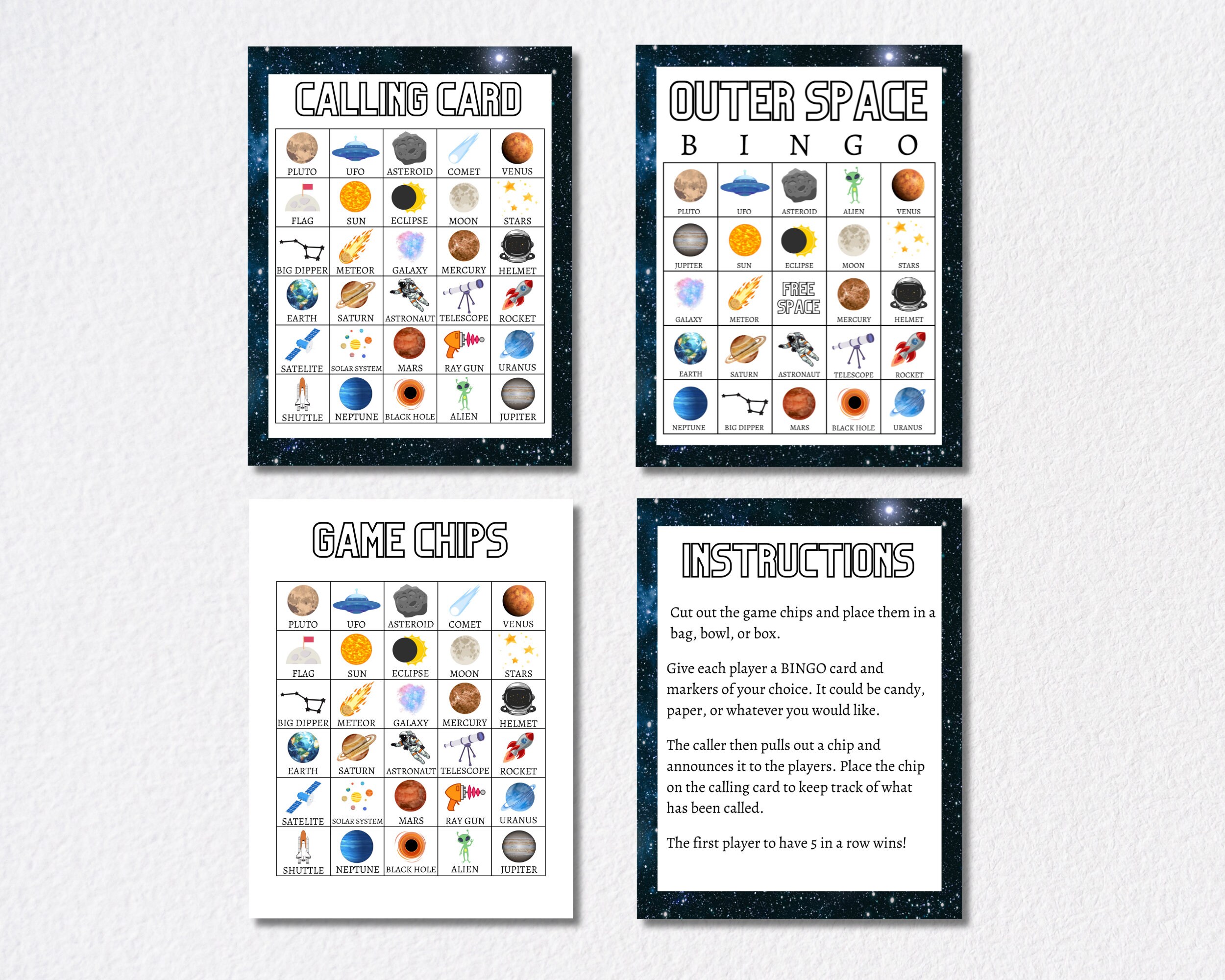 Outer Space Bingo Cards, Solar System Party Game, Printable Planet ...