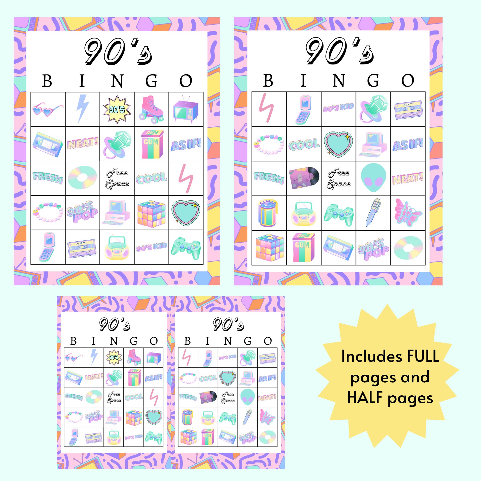 90's Bingo Cards, Retro 1990's Birthday Party Game, Printable Neon ...