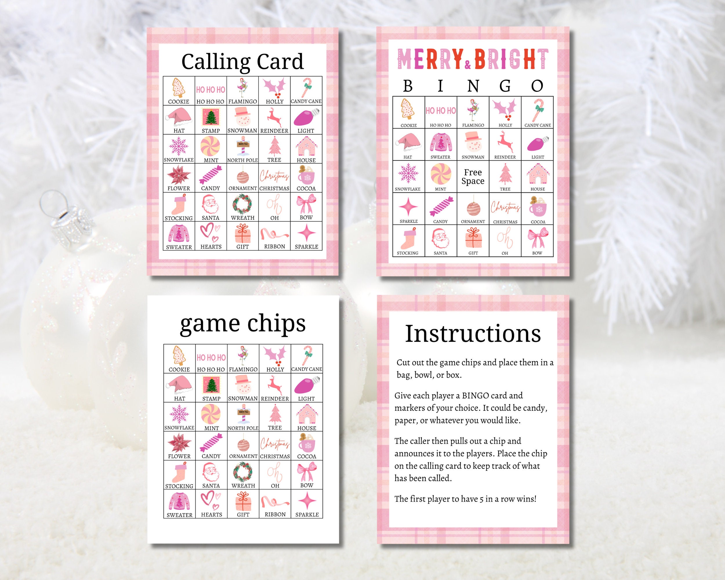 Pink Christmas Party Game, Printable Holiday Bingo Cards, Merry and ...