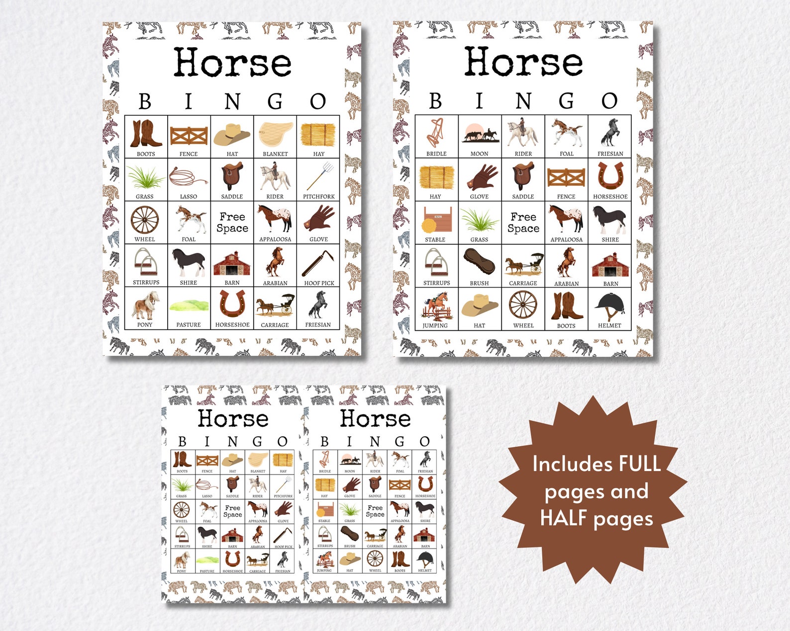 Horse Bingo Cards, Printable Wild West Party Game, Includes Full and ...