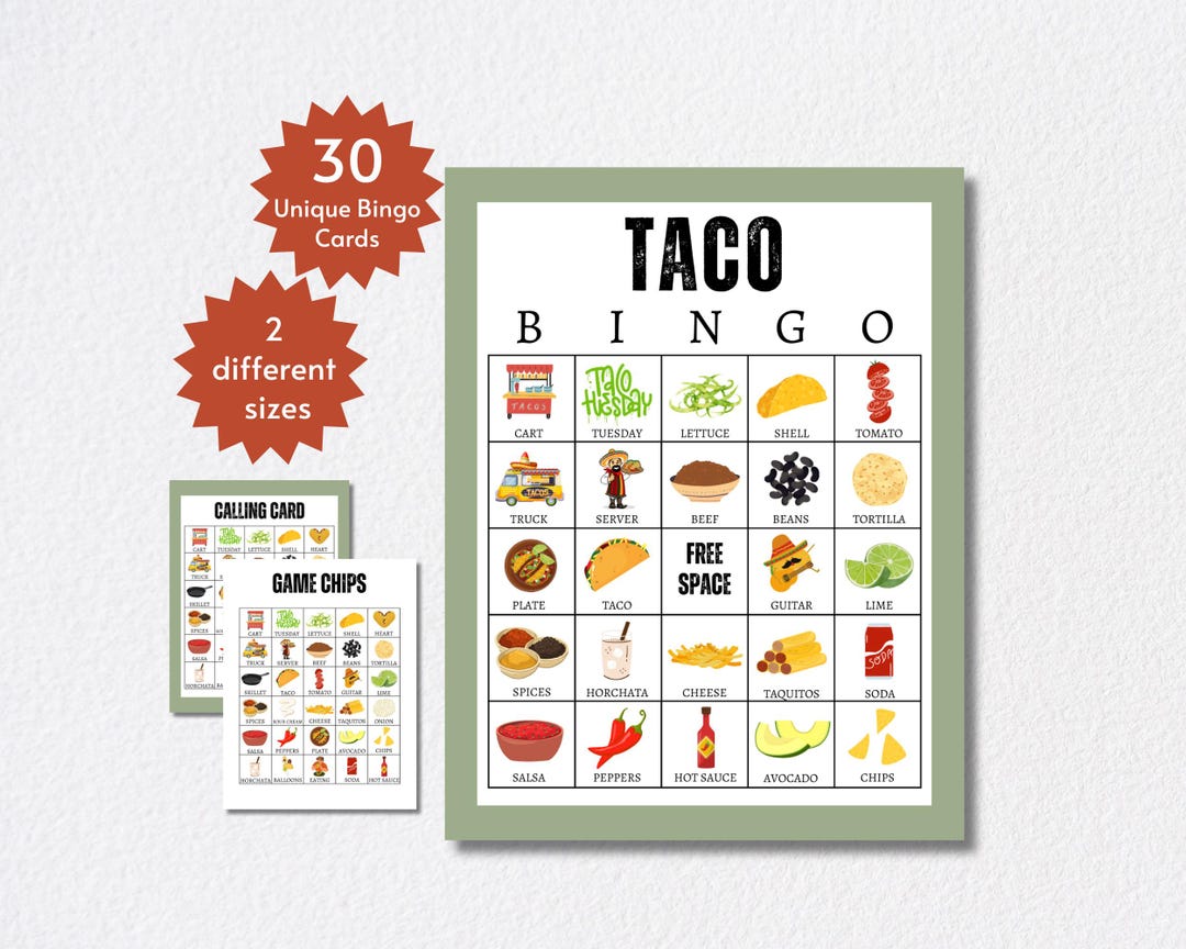 Taco Bingo Cards, Printable Cinco De Mayo Party Game for Kids, Teens ...