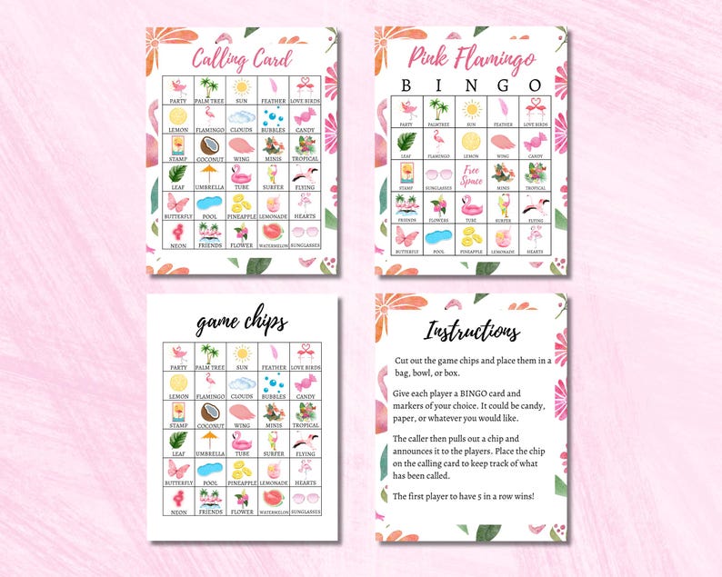 Pink Flamingo Bingo Game, Printable Summer Luau Activity for Kids ...