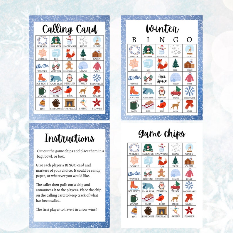Winter Bingo Cards, Printable Wintertime Indoor Activity, Snow Themed ...