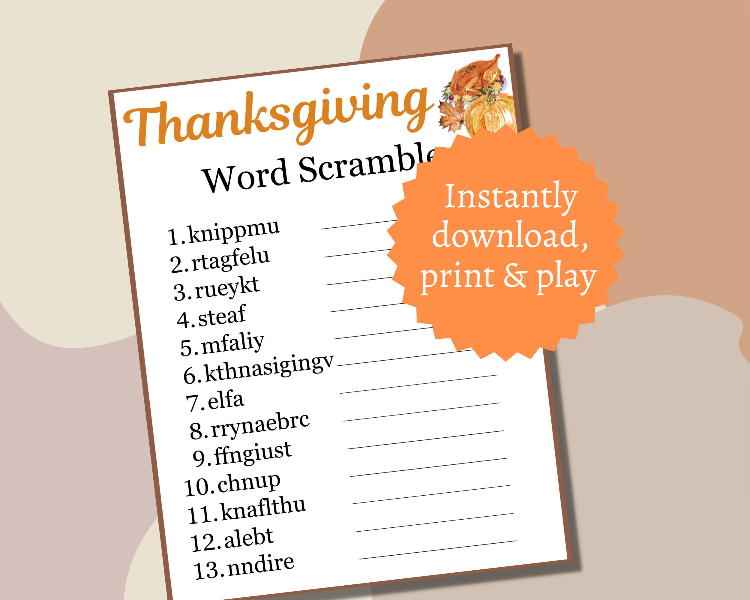 Thanksgiving Word Scramble, Printable Thanksgiving Party Game, Fall ...