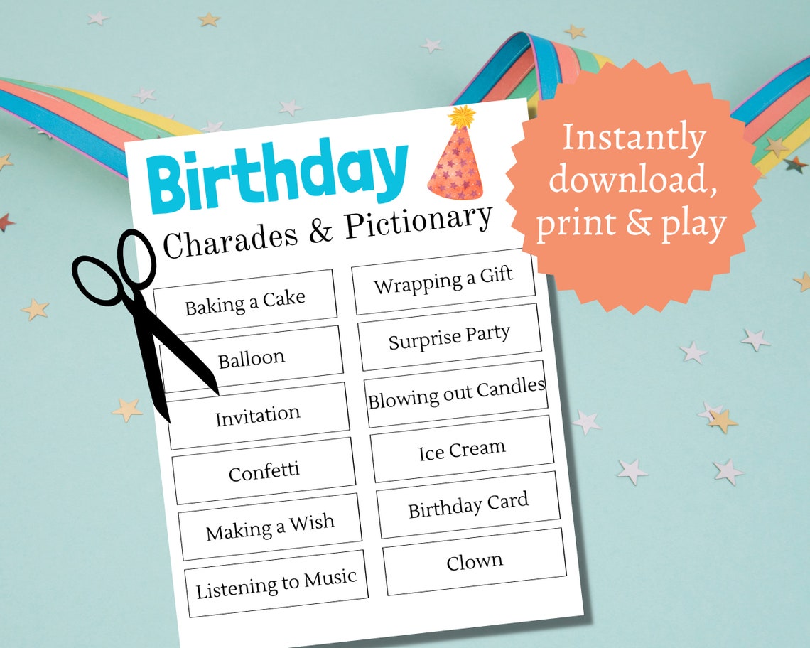 Birthday Charades Game, Printable Birthday Party Pictionary Cards ...