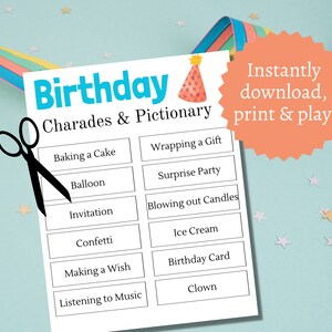 Birthday Charades Game, Printable Birthday Party Pictionary Cards ...