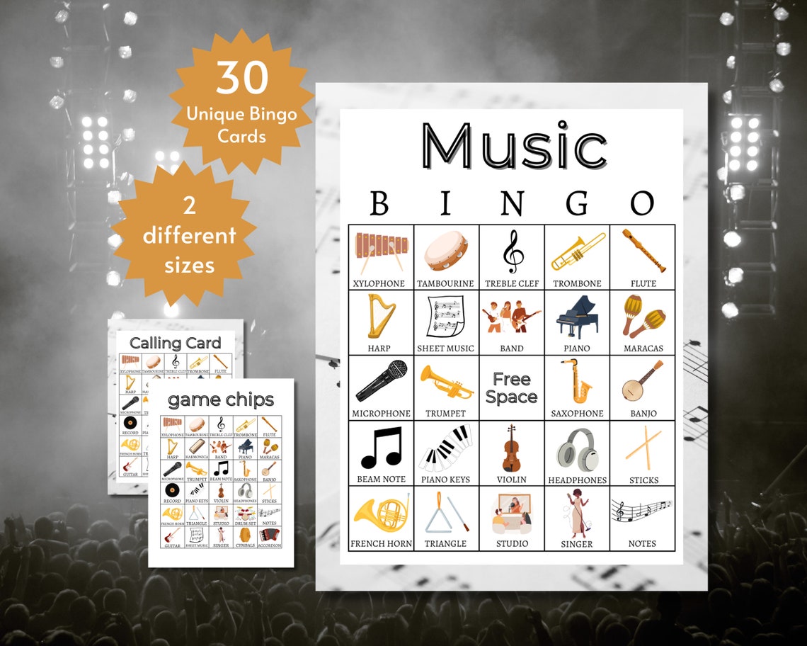 Music Bingo Cards, Instrument Learning Game, Printable Musical Party ...