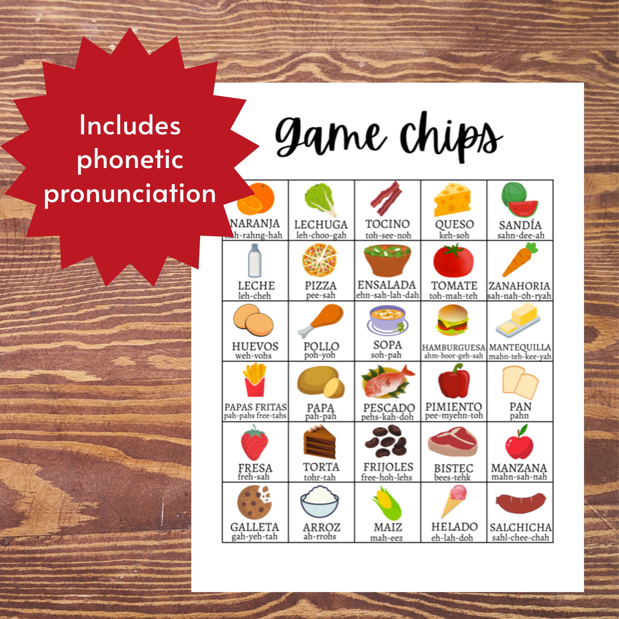 Spanish Food Bingo Game, Printable Spanish Learning Activity for Kids ...
