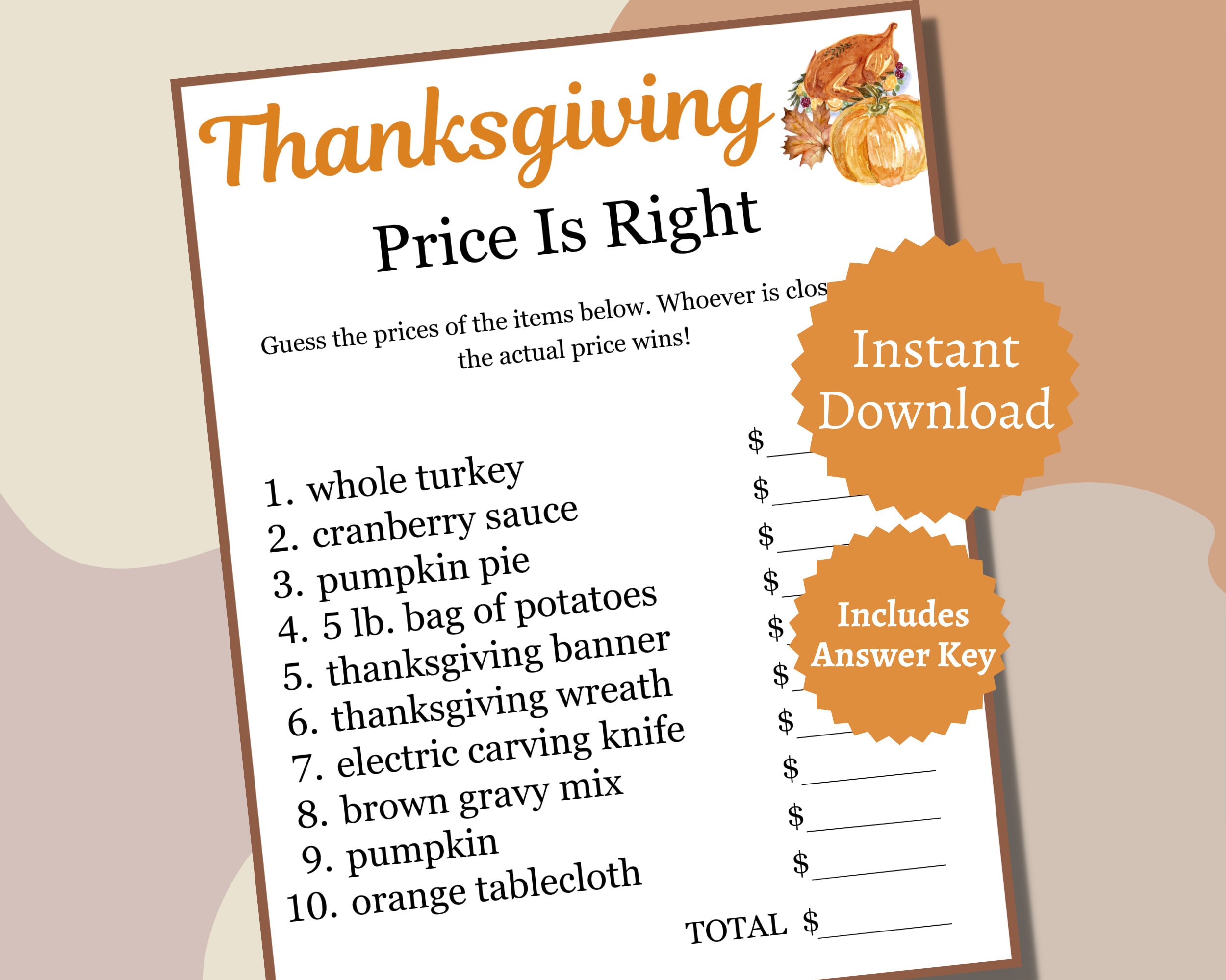 Thanksgiving Price is Right Game, Printable Holiday Family Party Game ...
