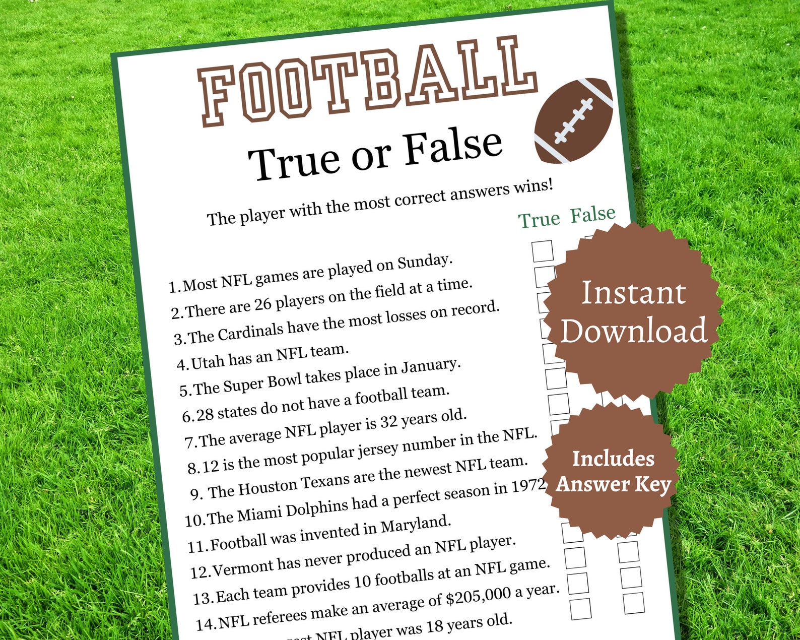 Football True or False Game, Printable American Football Party Game for ...