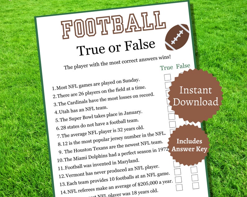 Football True or False Game, Printable American Football Party Game for ...
