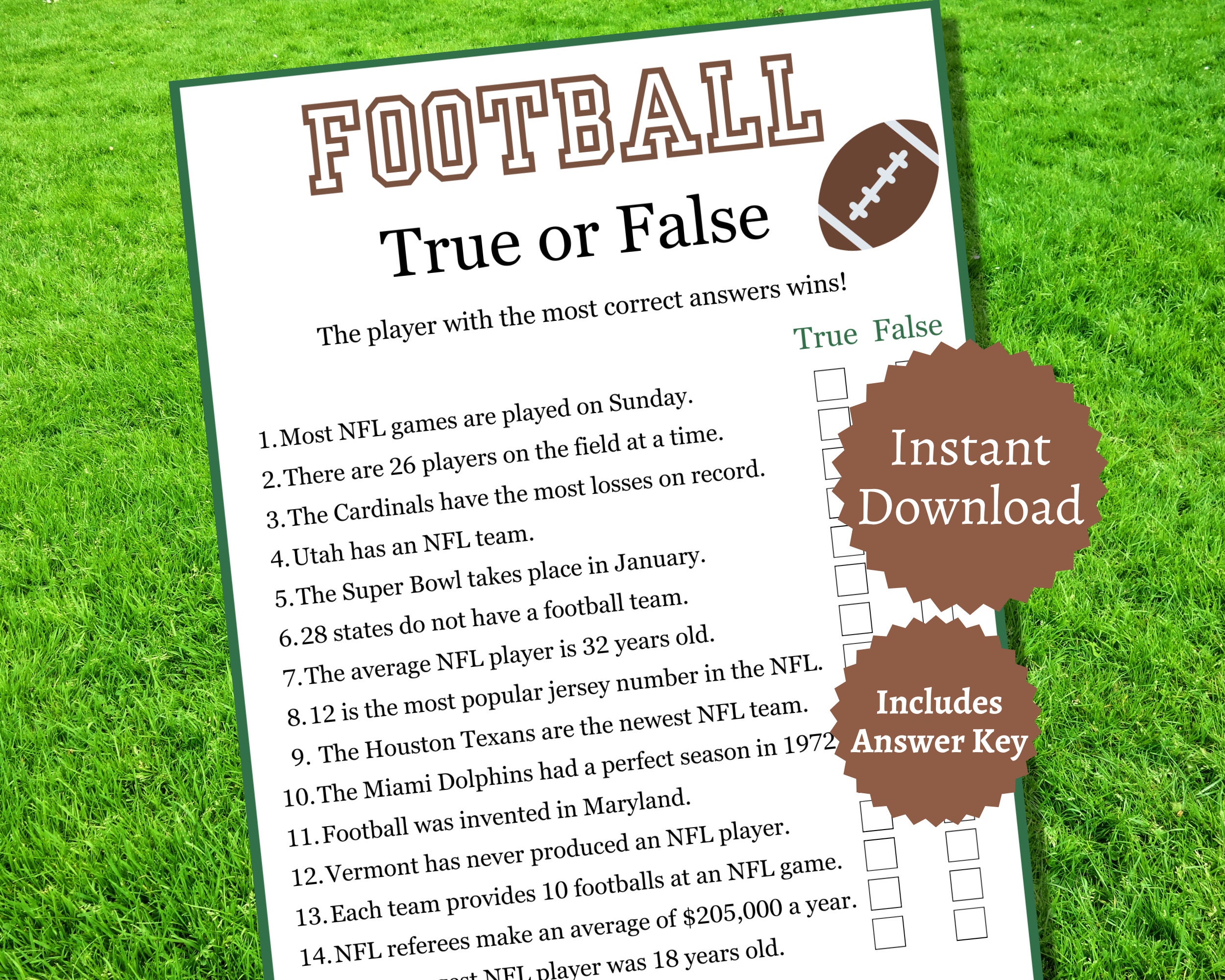Football True or False Game, Printable American Football Party Game for ...