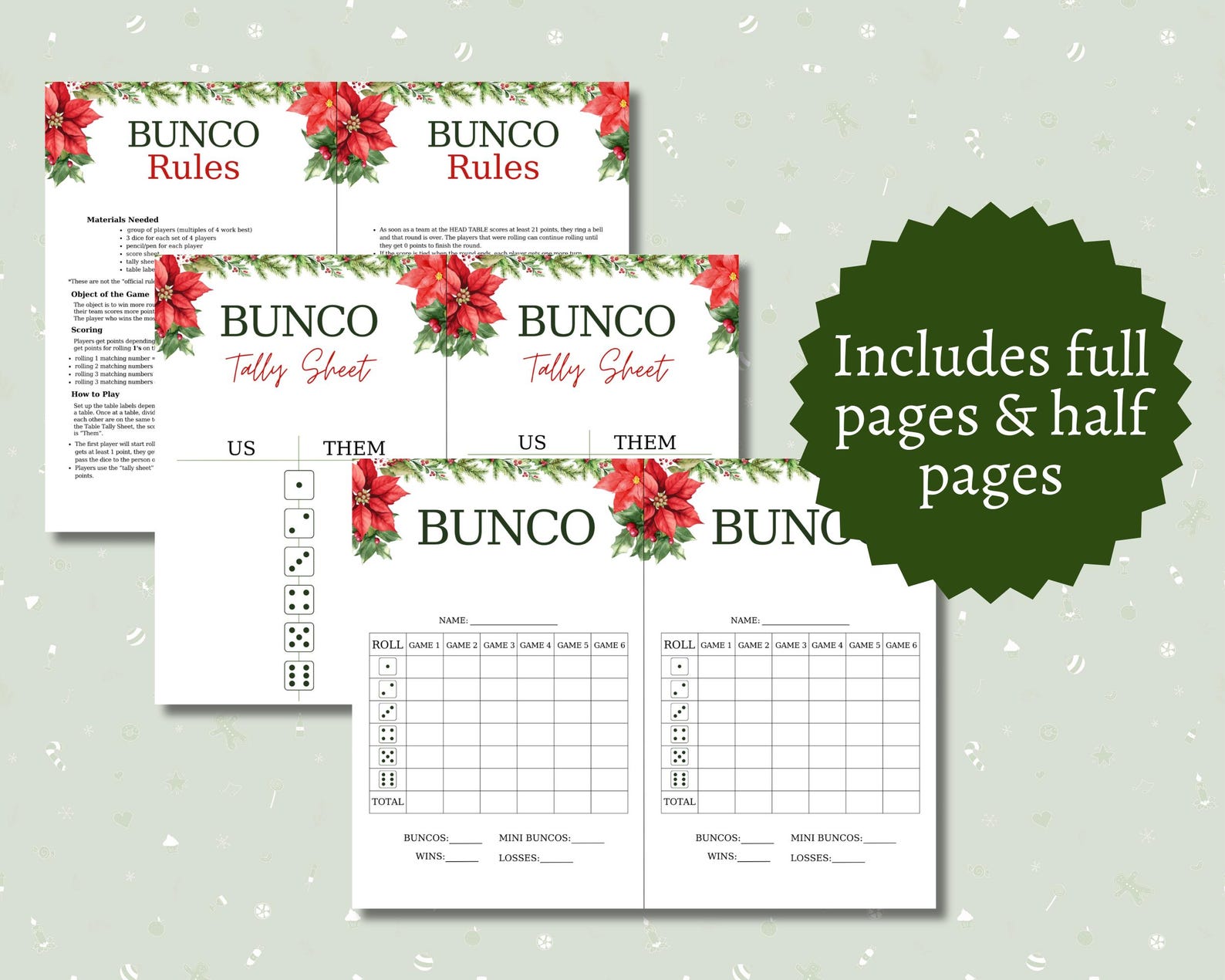 Christmas Bunco Cards, Holiday Party Game, Printable December Dice ...