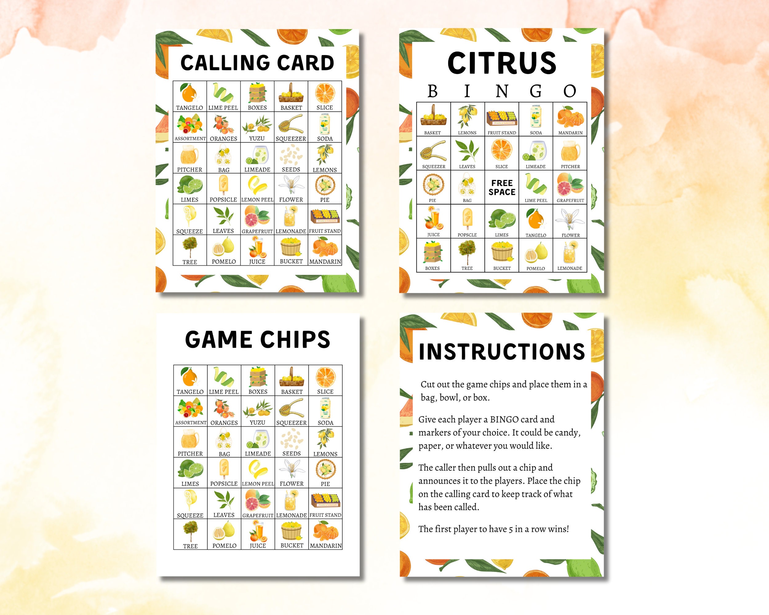 Citrus Bingo Game, Printable Fruit Party Activity for Kids and Adults ...