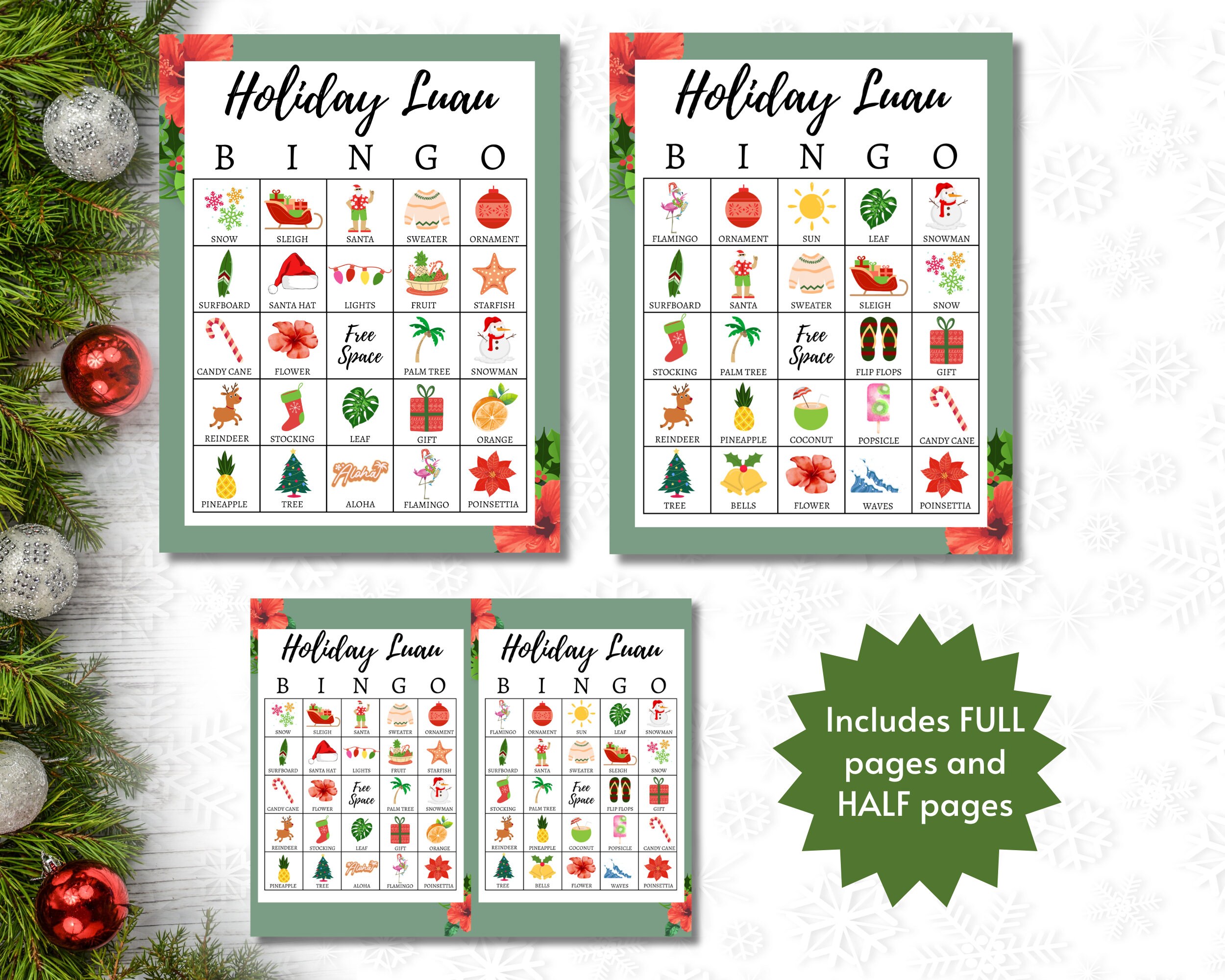 Holiday Luau Bingo Cards, Printable Tropical Christmas Party Game ...