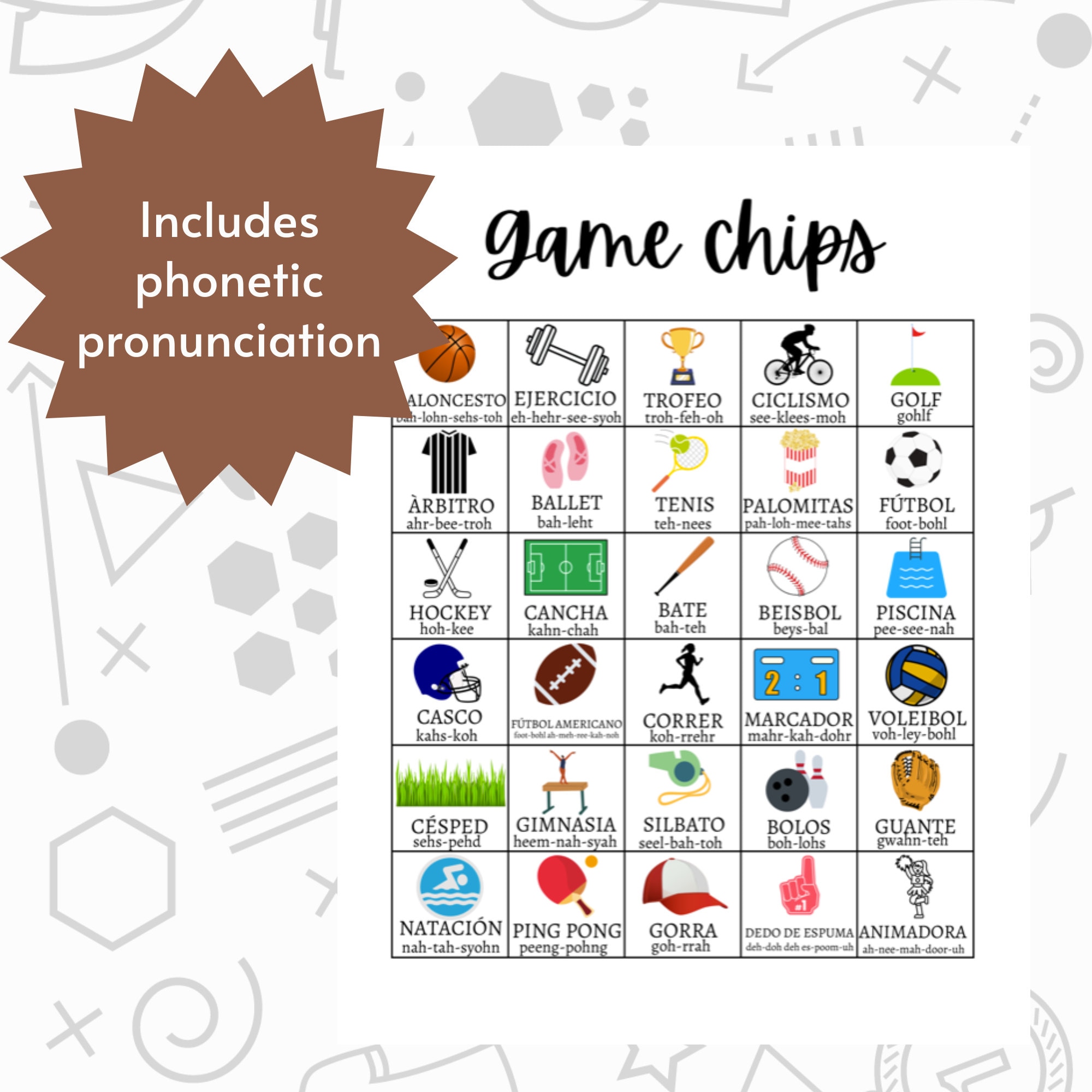Spanish Bingo, Spanish Learning Game for Kids, Spanish Sports Activity ...