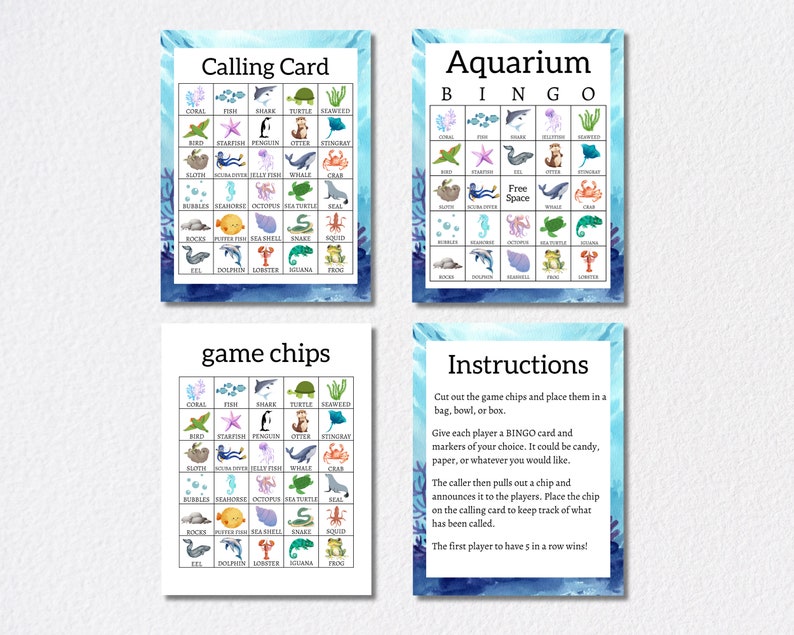 Aquarium Bingo Cards, Printable Under the Sea Party Game, Ocean ...