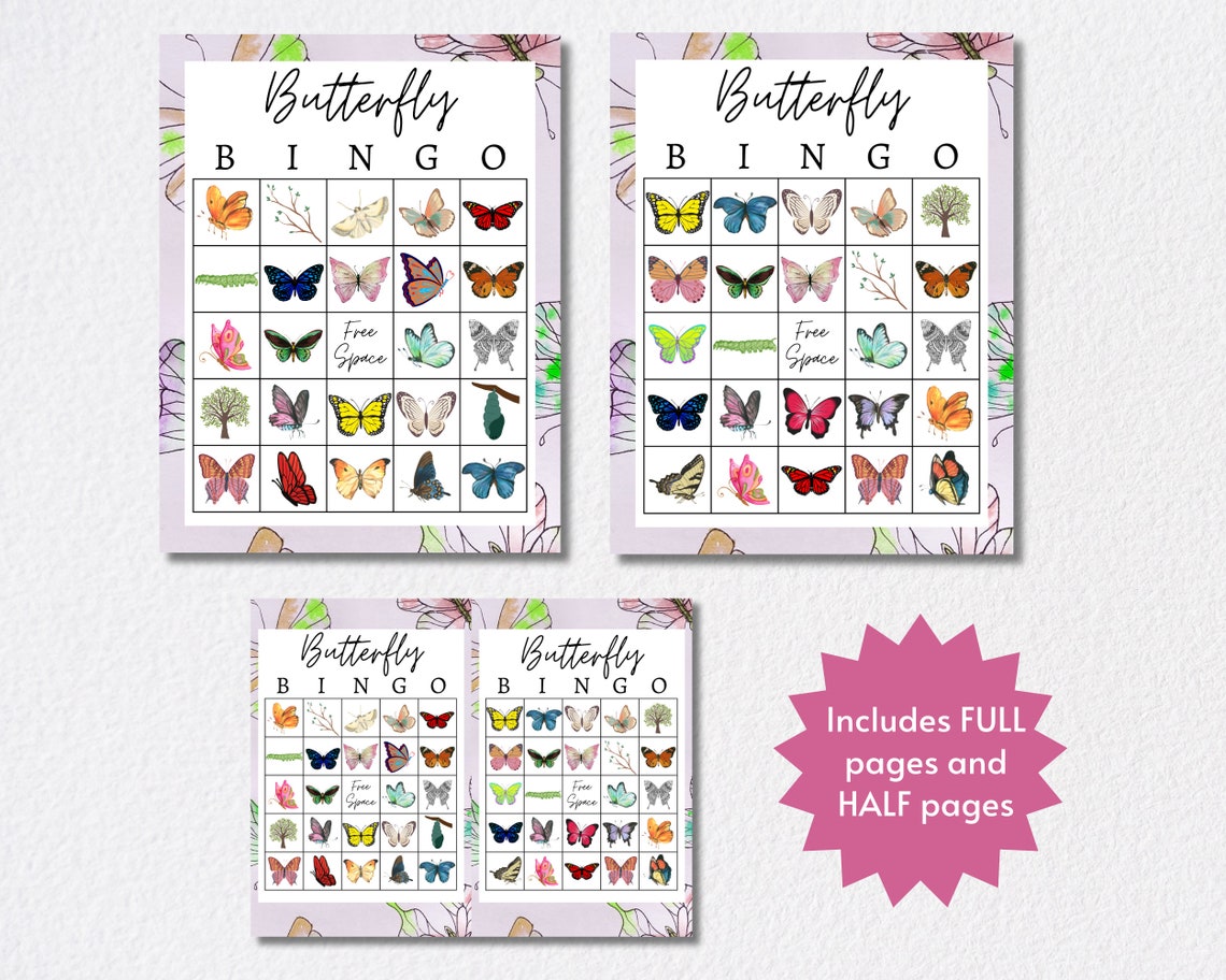 Butterfly Bingo Cards, Printable Birthday Party Game for Kids, Insect ...