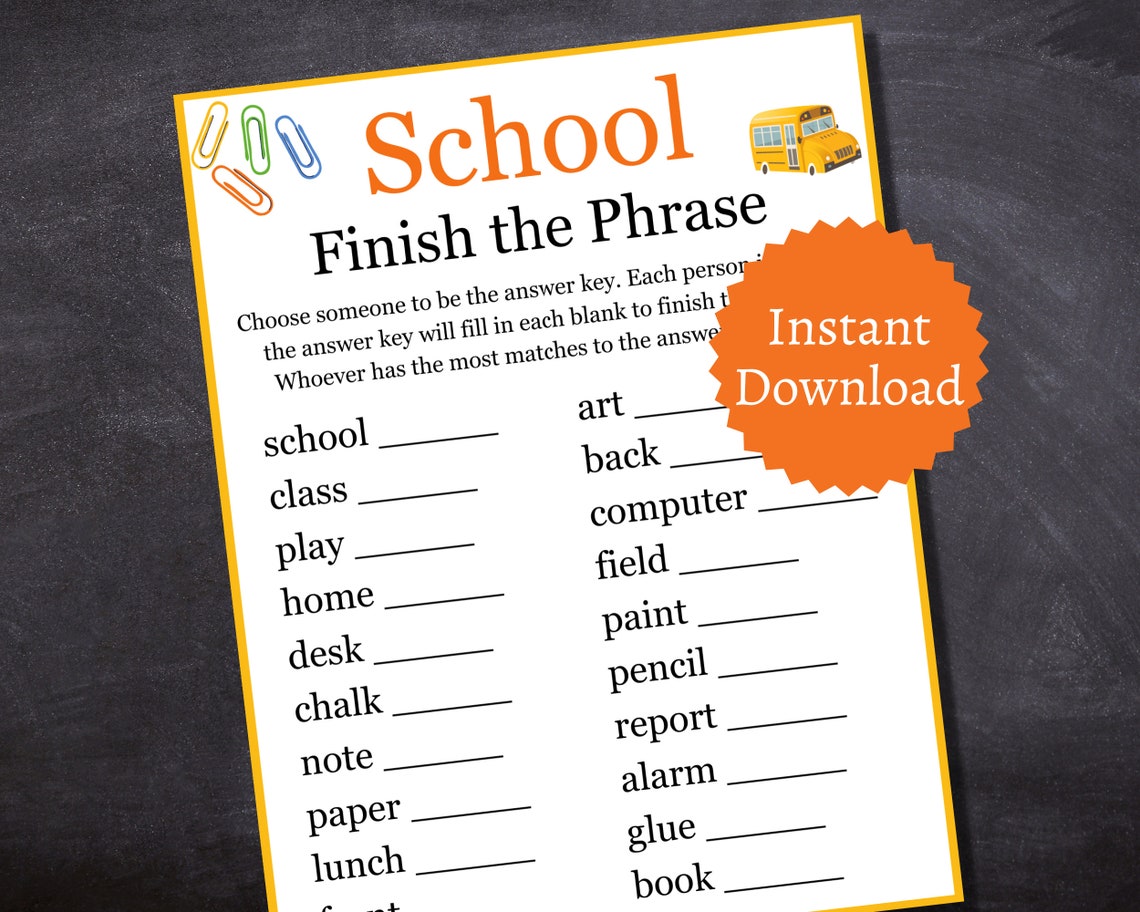 School Finish the Phrase Game, Printable Back to School Activity ...