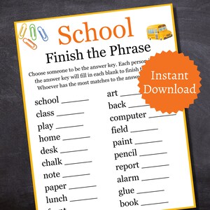 School Finish the Phrase Game, Printable Back to School Activity ...