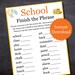 School Finish the Phrase Game, Printable Back to School Activity ...