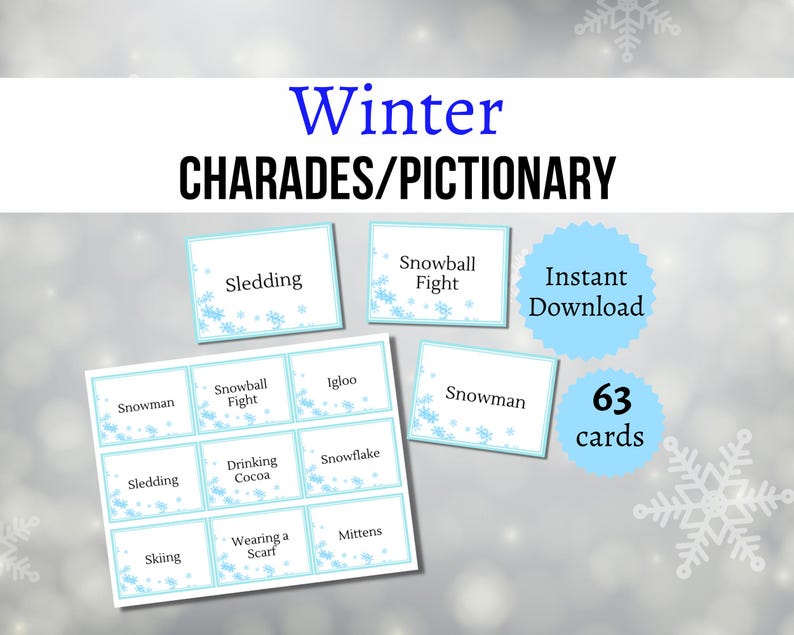 Winter Charades Cards, Printable Pictionary Game, Snow Day Activity for ...