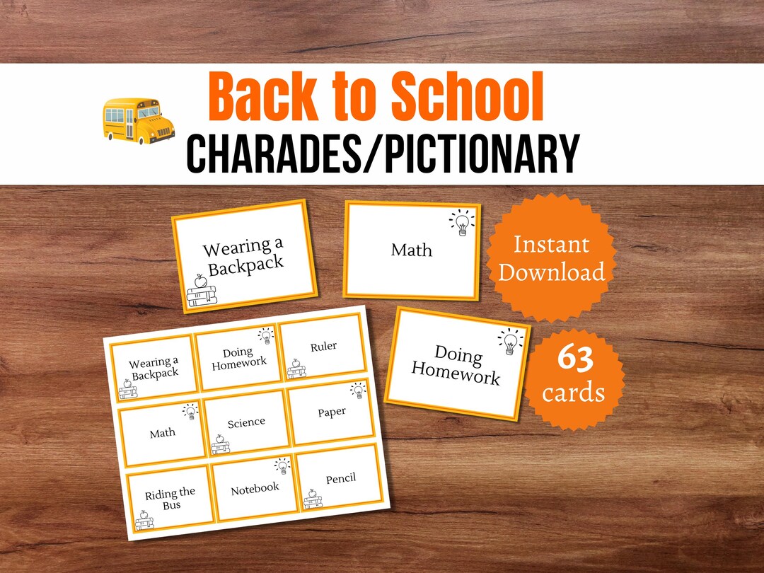 Back to School Pictionary Cards, Printable Classroom Charades, School ...