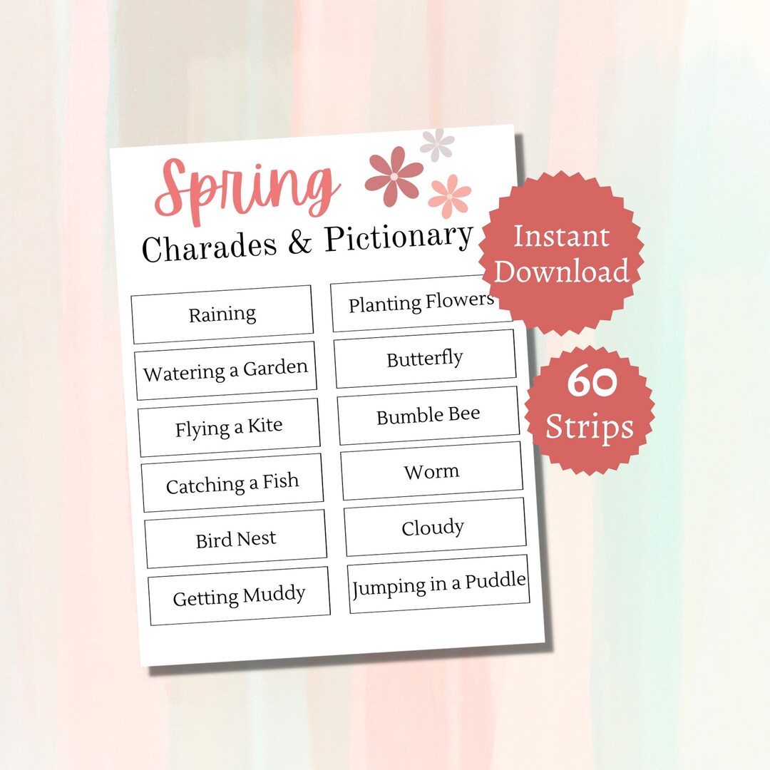 Spring Charades and Pictionary Cards, Printable Springtime Party Game ...