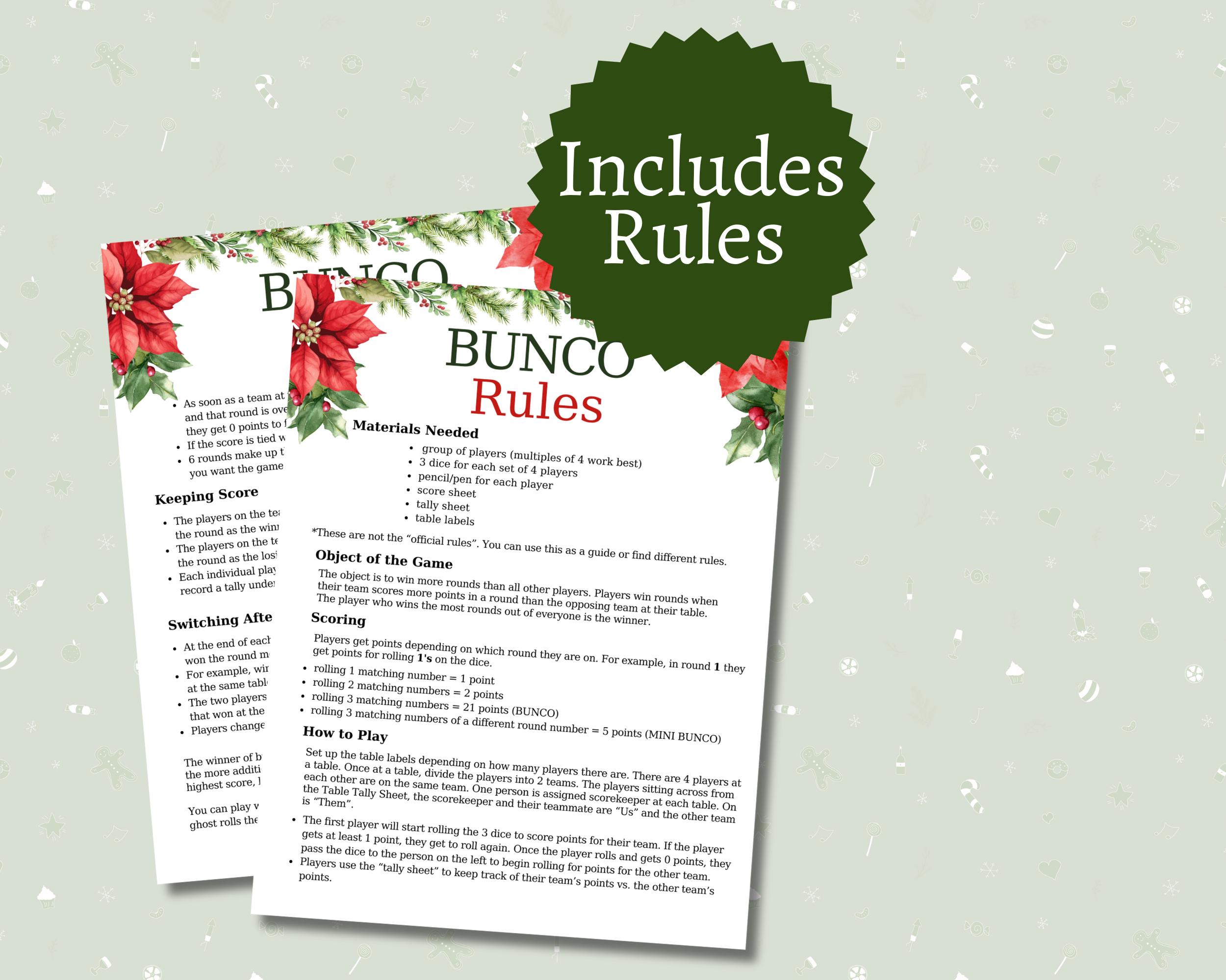 Christmas Bunco Cards, Holiday Party Game, Printable December Dice ...