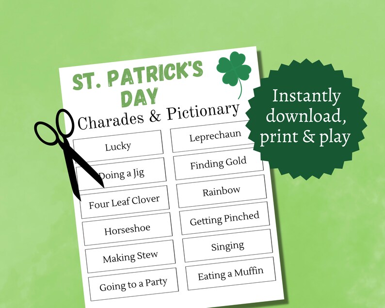 St. Patrick's Day Charades Game, Printable Pictionary Cards, Irish ...