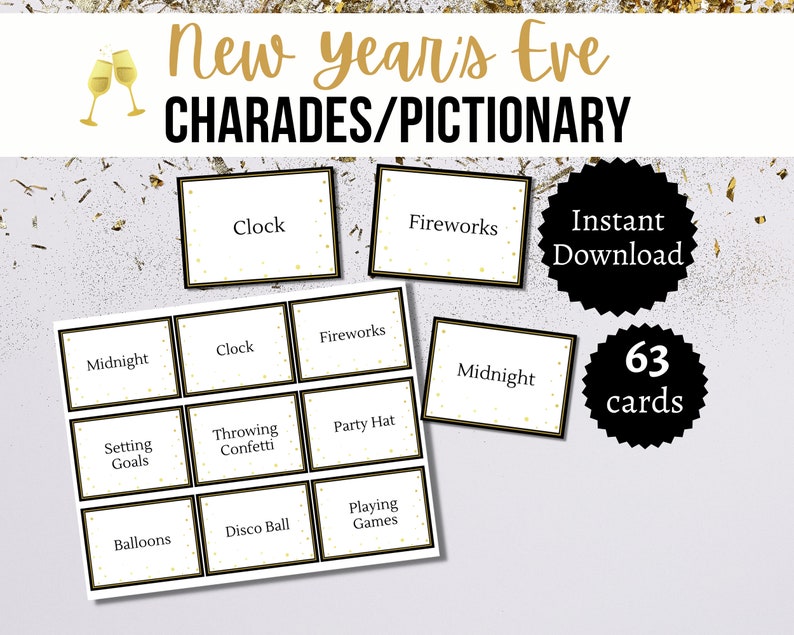 New Year's Eve Charades, Printable New Year Pictionary Cards for Kids ...
