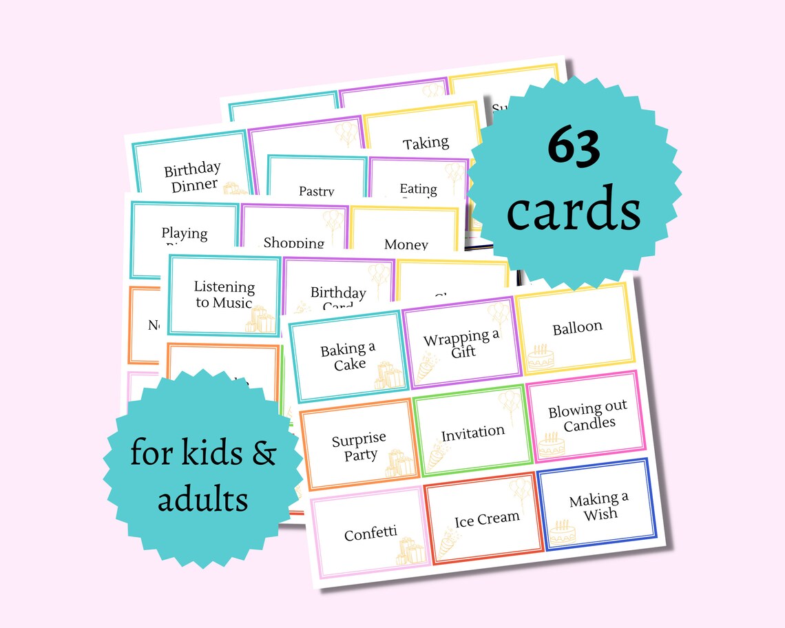 Birthday Charades, Printable Birthday Party Pictionary Cards, Birthday ...