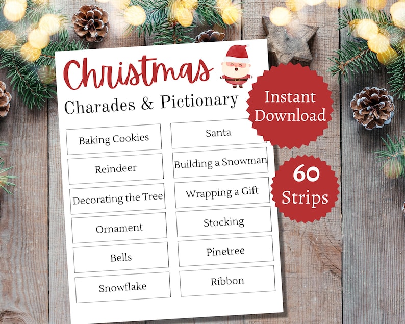 Christmas Charades Party Game, Printable Holiday Pictionary Cards ...