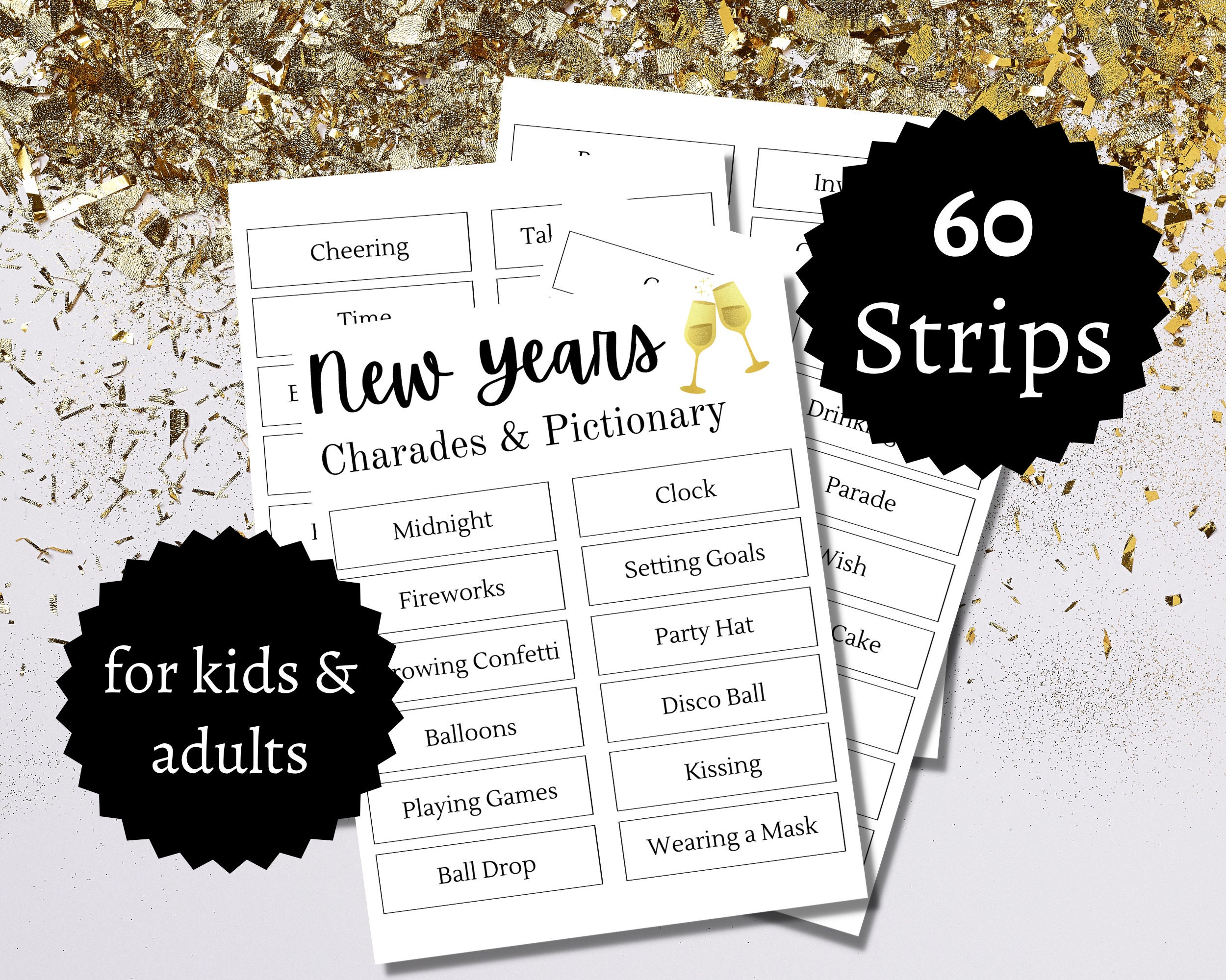New Year's Eve Pictionary and Charades Cards, Printable New Year Party ...