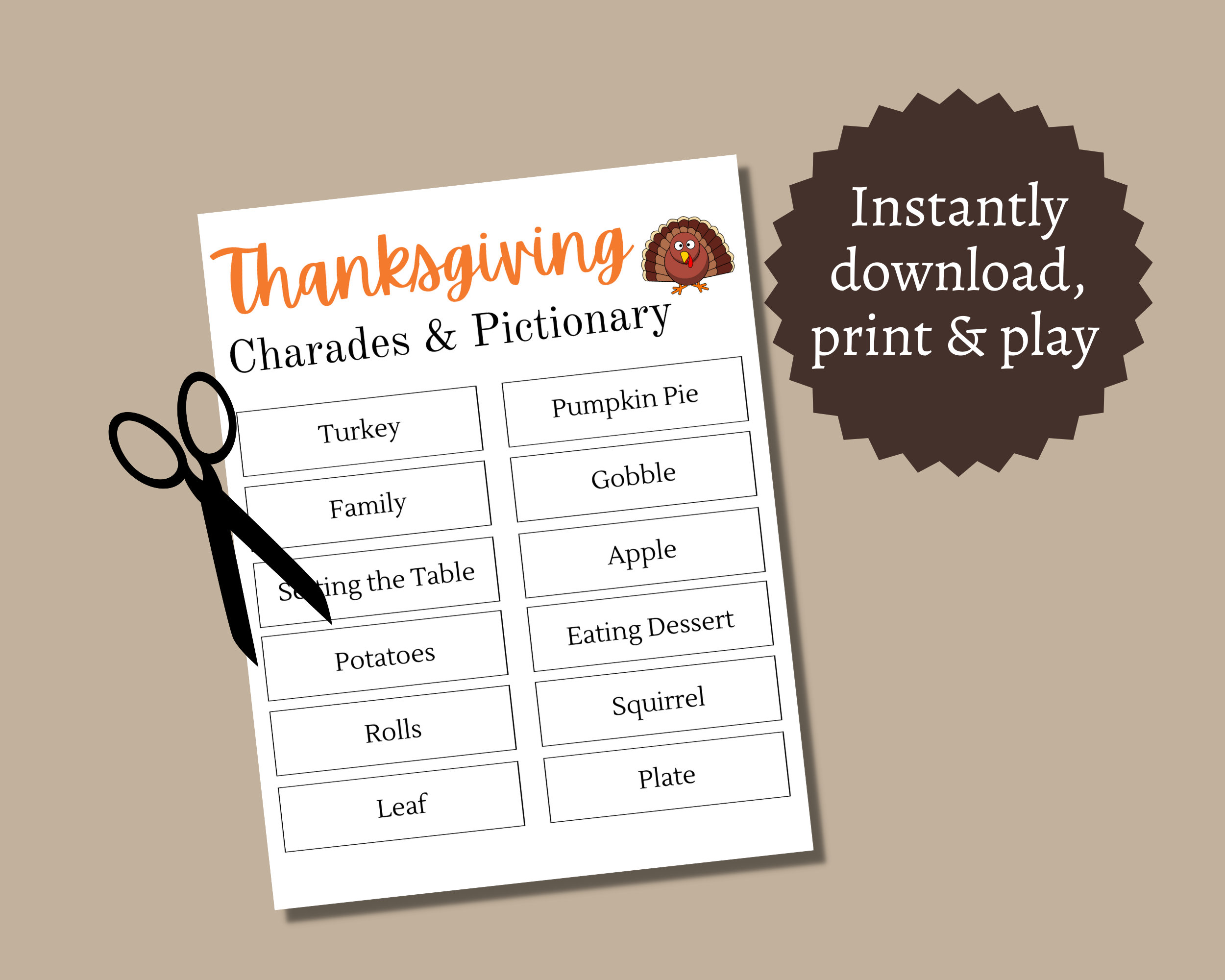 Thanksgiving Charades, Printable Fall Pictionary, Holiday Family Party ...
