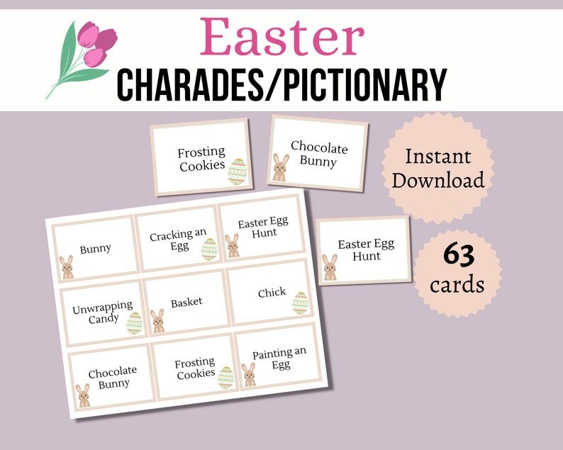 Easter Charades and Pictionary Cards, Printable Easter Party Game for ...