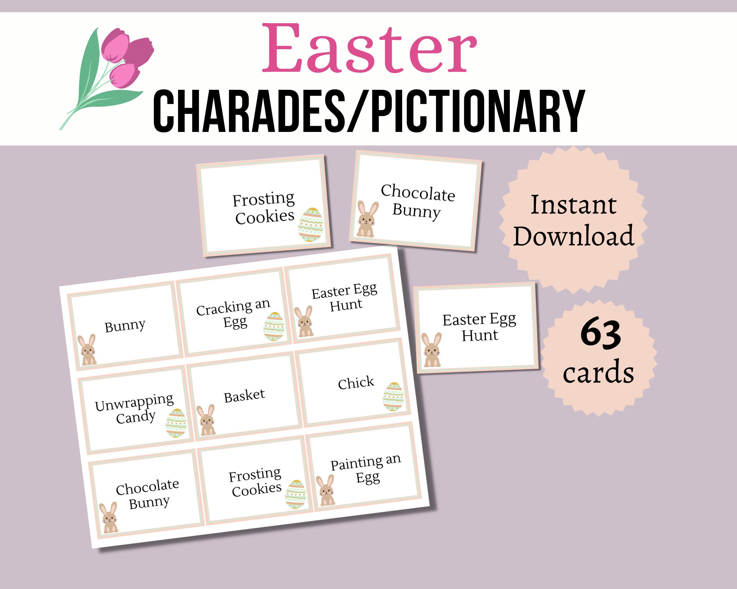 Easter Charades and Pictionary Cards, Printable Easter Party Game for ...