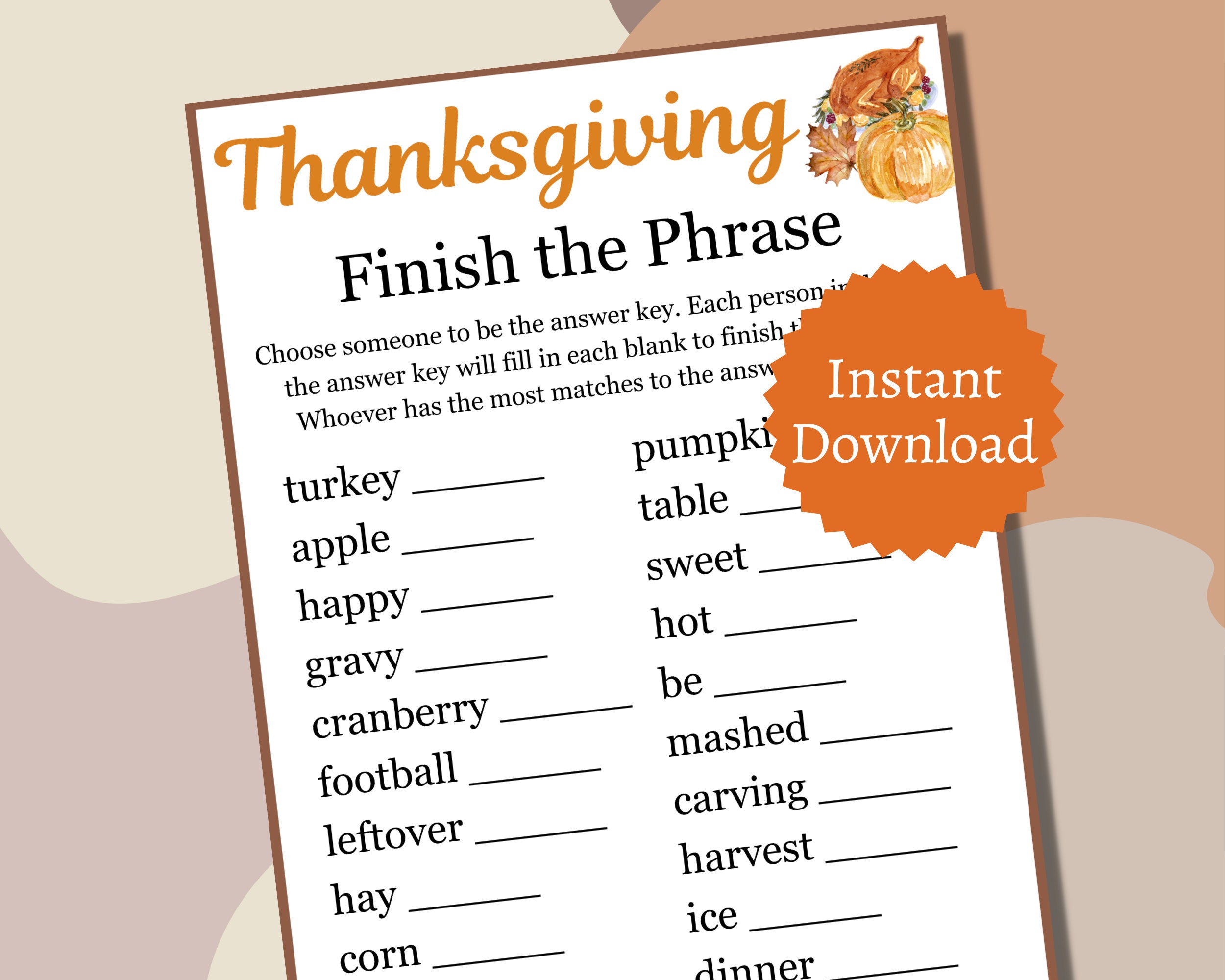 Thanksgiving Finish the Phrase Game, Printable Fall Activity ...