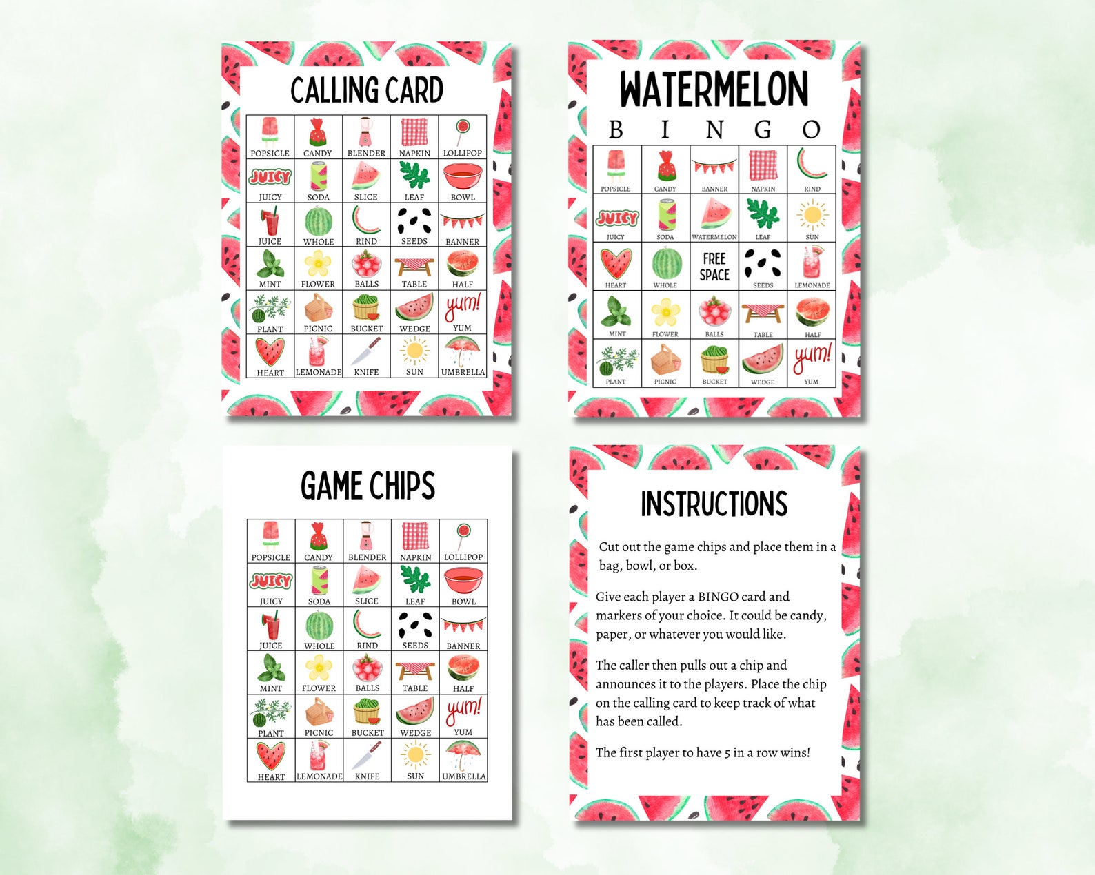 Watermelon Bingo Cards, Printable Summer Party Game for Kids and Adults ...