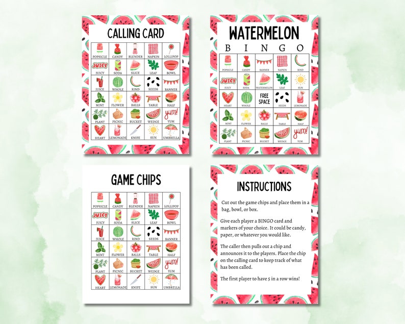 Watermelon Bingo Cards, Printable Summer Party Game for Kids and Adults ...