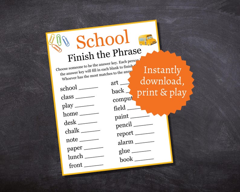 School Finish the Phrase Game, Printable Back to School Activity ...