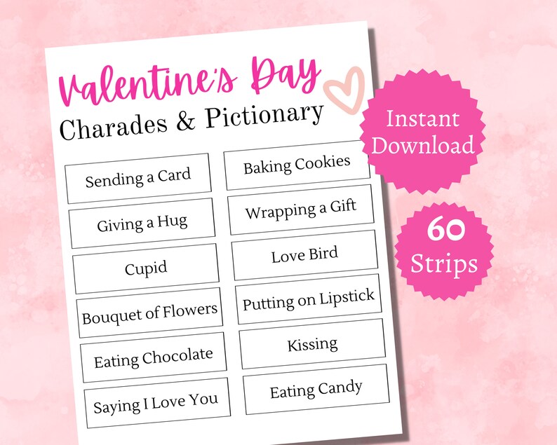 Valentine's Day Charades and Pictionary Cards, Printable Valentine's ...