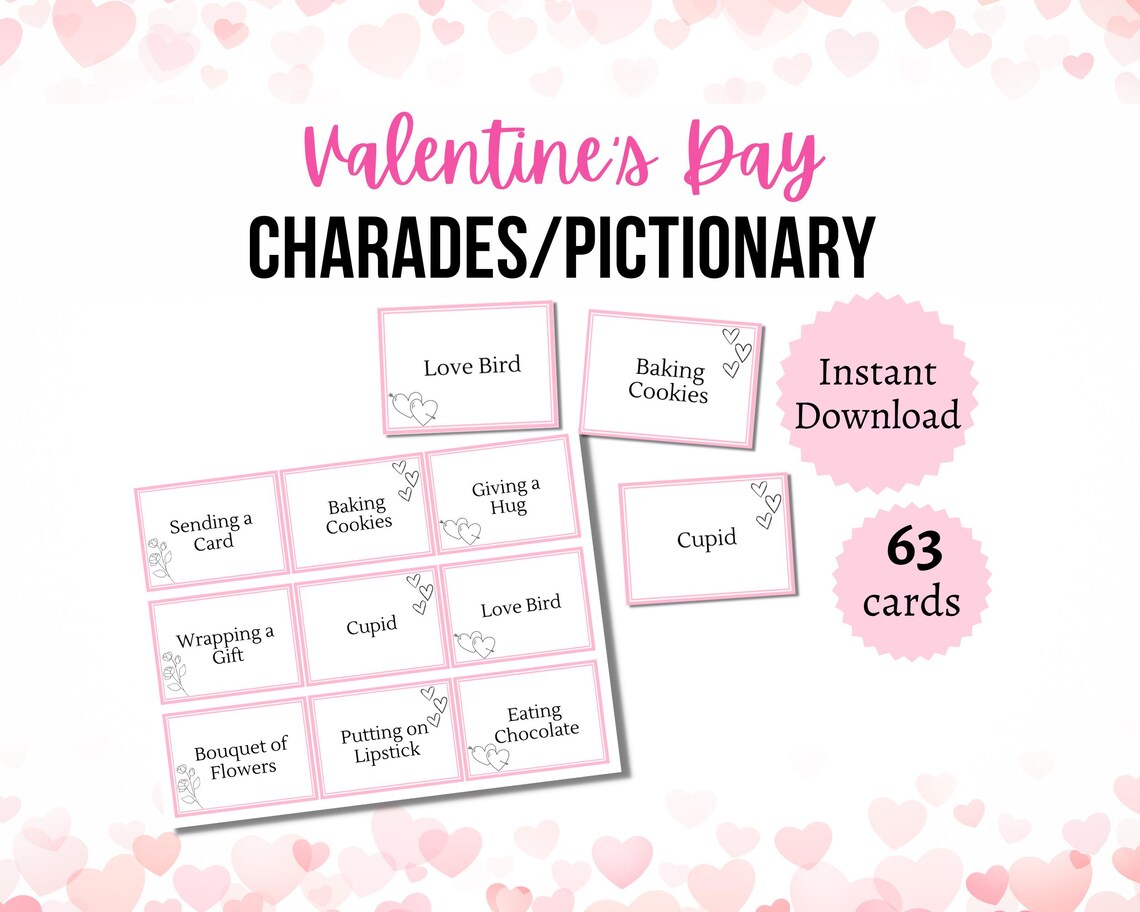 Valentine's Day Pictionary Cards, Printable Valentine's Charades ...