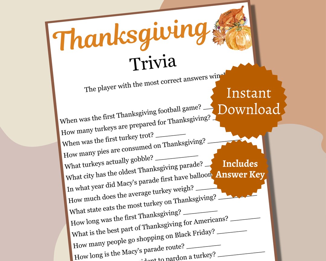 Thanksgiving Trivia Game, Printable Turkey Day Activity, Fall Party ...