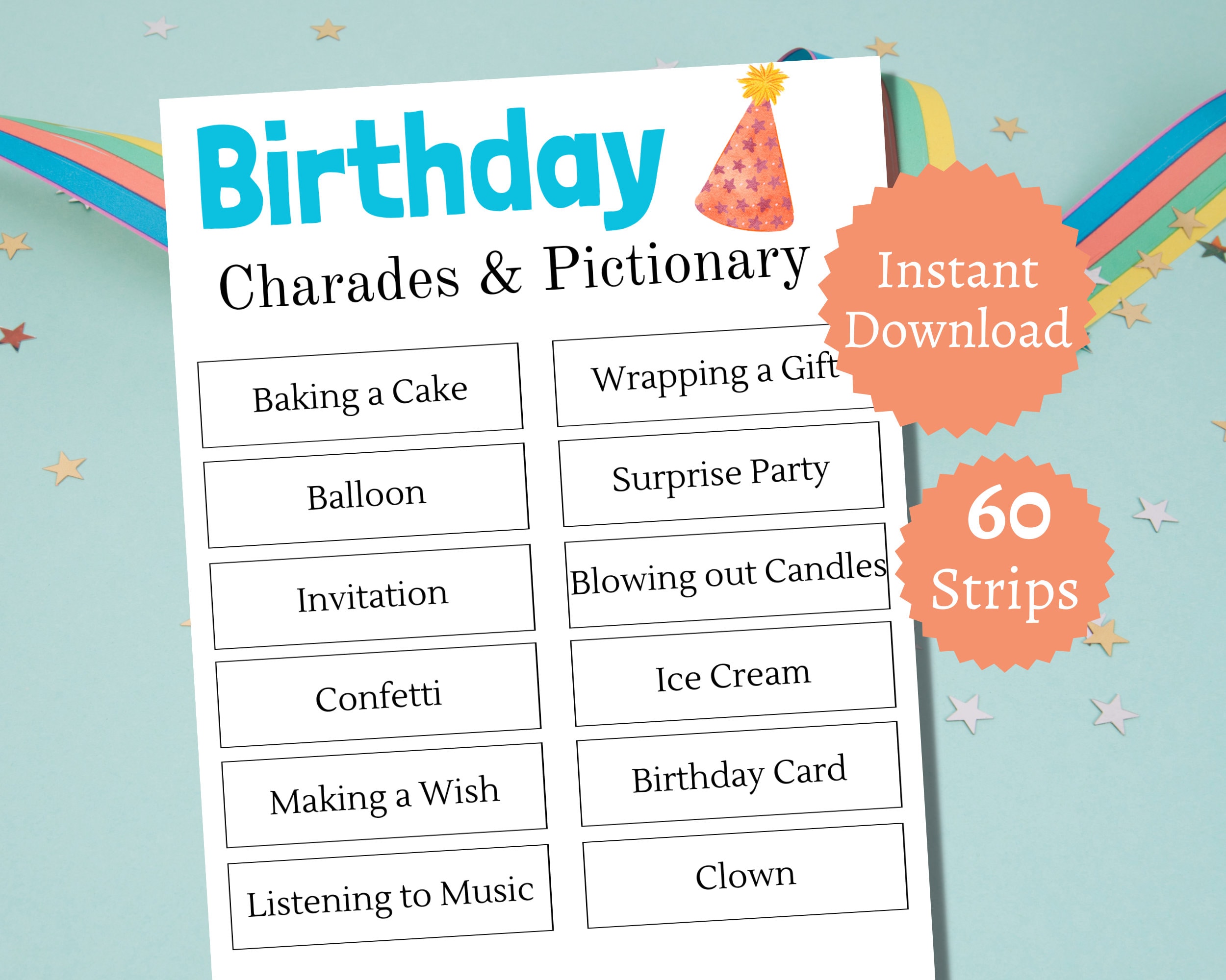 Birthday Charades Game, Printable Birthday Party Pictionary Cards ...