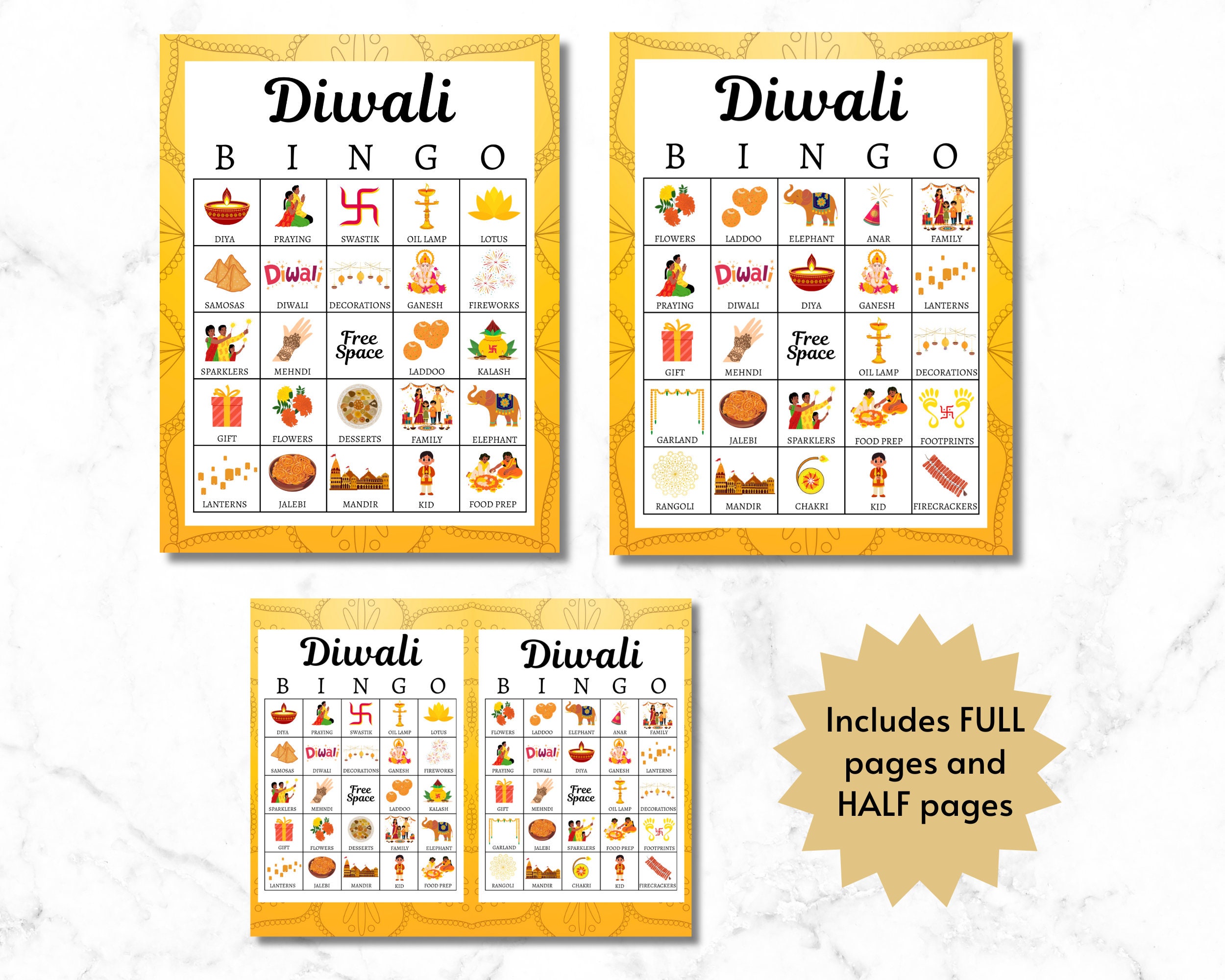 Diwali Bingo Cards Bundle, Printable Hindu Festival Party Game for Kids ...