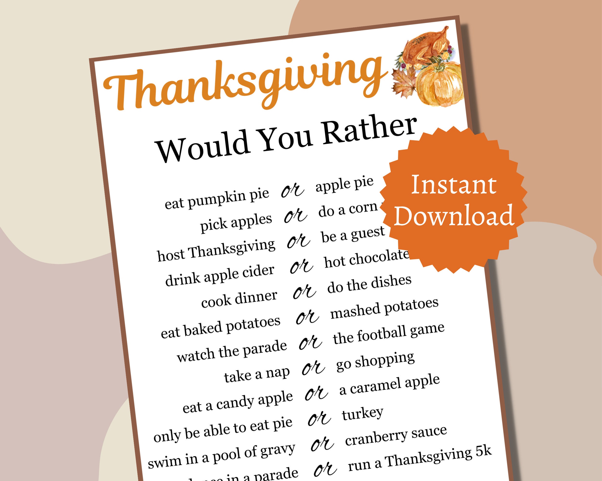 Thanksgiving Would You Rather Game, Printable Family Dinner Activity ...